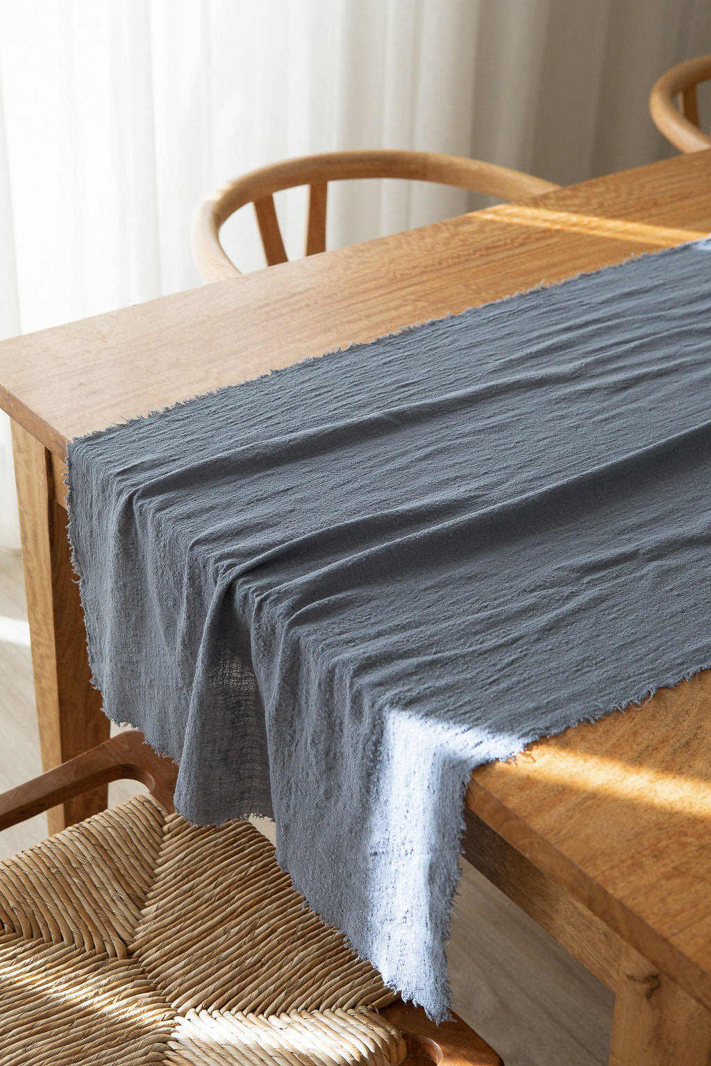 slate blue frayed table runner – Table Threads